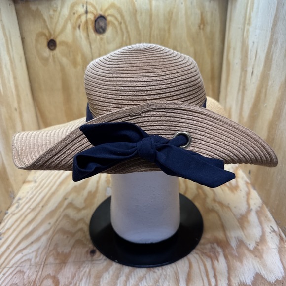 Accessories | Galeries Lafayette Tan Hat With Navy Blue Bow Woven Straw ...